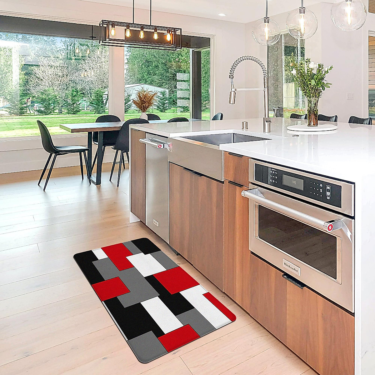 FYATHM Black Red Grey White Kitchen Rug Anti-Fatigue Kitchen Mat for Floor Abstract Art Geometric Waterproof Non-Slip Kitchen Mat and Rug PVC Kitchen Floor Rug Mat for Home Sink Laundry