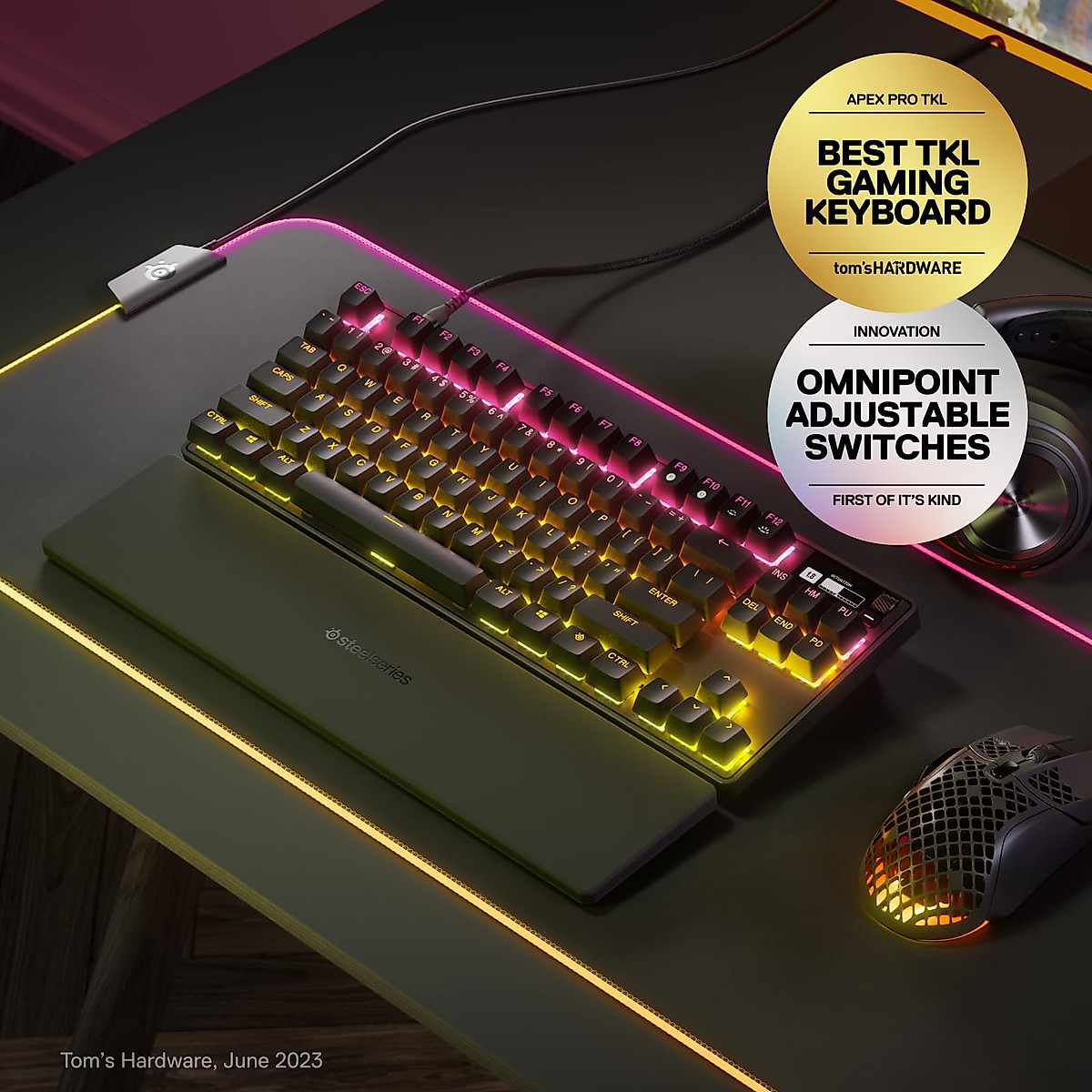 New SteelSeries Apex Pro TKL 2023 Ed.- World's Fastest Mechanical Gaming Keyboard - Adjustable Actuation - Esports Tenkeyless - OLED Screen - RGB - PBT Keycaps - USB-C (Renewed)