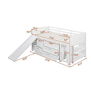 Harper & Bright Designs Twin Low Loft Bed with Slide and Storage, Solid Wood Low Loft Bed Frame with Storage Cabinets and Shelves, for Kids Teens Girls Boys (Twin Size, White)