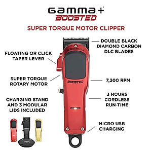 GAMMA+ Boosted Professional Modular USB-C Cordless Hair Tools with Super Torque Motor, 3 Modular Lids in Black, Red, Gold (Hair Clipper)