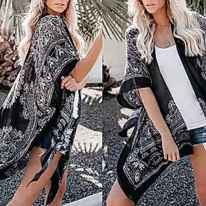 Sunyastor Women's Sheer Chiffon Floral Kimono Cardigan Long Blouse Loose Tops Outwear Short Sleeve Summer Cover ups