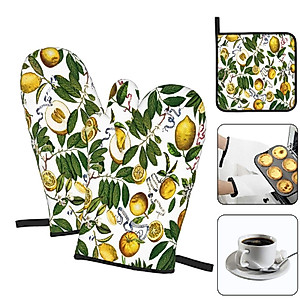 Watercolor Yellow Lemon Oven Mitts and Pot Holders Set of 3 Lemons Hot Pads with Non-Slip Heat Resistant Microwave Golves for Kitchen Cooking Grilling BBQ