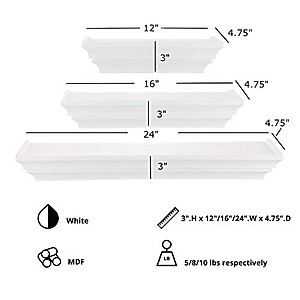 Kiera Grace Kieragrace Traditional Floating-Shelves, Set of 3 (12"W, 16"W, 24"W), White