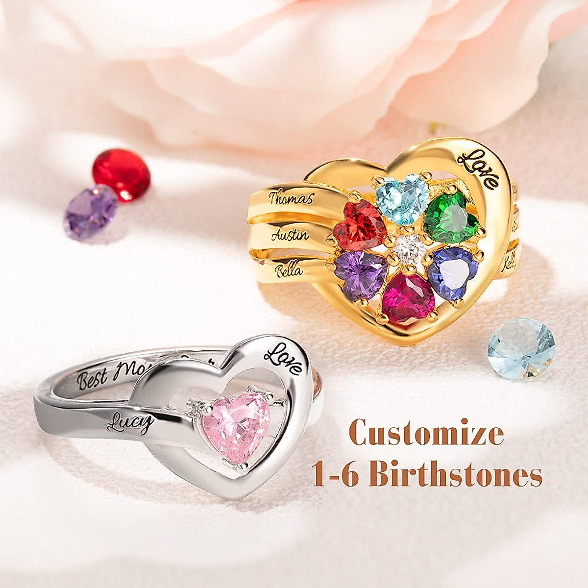 AILIN Custom Promise Rings For Her 925 Sterling Silver Love Heart Personalized 1 2 3 4 5 6 Name And Birthstone Rings Valentine's Mother Day Wedding Jewelry Gifts For Women Mom Grandmother Wife