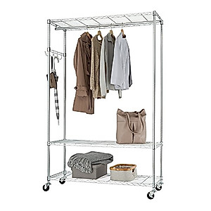 TRINITY EcoStorage Rolling Garment Rack with Shelves Hooks for Clothing Storage for Bedroom, Closet Organization, Entryway, and More, Chrome, 48” W x 18” D x 75.7” H