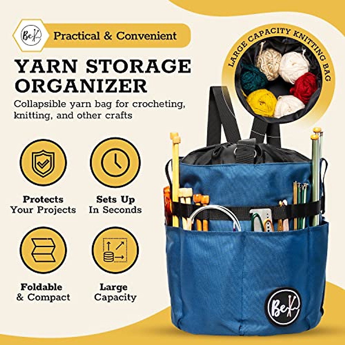 BeKnitting Knitting Bag Backpack - Convertible Yarn Storage Organizer for Knitting & Crochet Supplies - Collapsible Yarn Bag for Crocheting, Knitting, and Other Crafts
