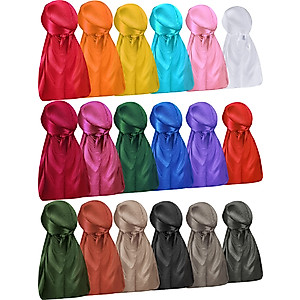 Geyoga 18 Pieces Silky Durags Long Tail Headwrap Durag Wide Strap Satin Durag Cap for Men and Women (Assorted Color)