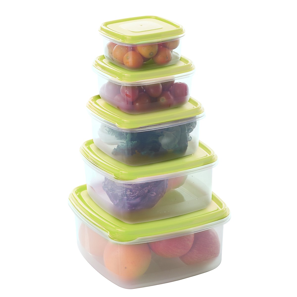 Uniware Super Large Square Plastic Food Container Set with Green Pe Lid, 4.2 Qt + 2.6 Qt + 1.6 Qt + 1 Qt + 0.5 Qt, [7513]