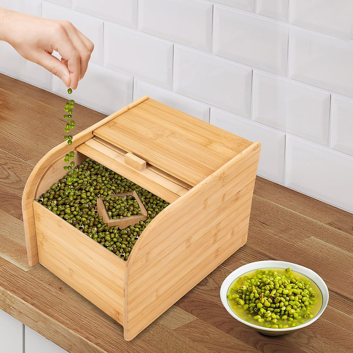 KONKENIE 10kg/22lbs Bamboo Rice Storage Container Wooden Cereal Grain Soybean Flour Storage Dispenser Rice Container Box with Sliding Lid & Measuring Cup for Home Kitchen Restaurant (22Lbs)