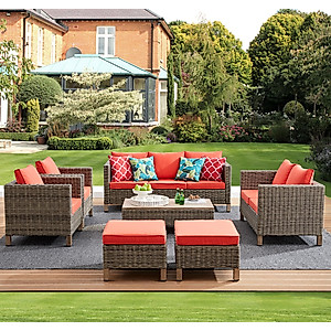 Summax 7 Pieces Sectional Sofa with Metal Top Coffee Table, Hand Woven Wicker Rattan Conversation Set, Outdoor Furniture for Poolside, Garden, Porch PE Rattan Sofa Set (Orange Red)
