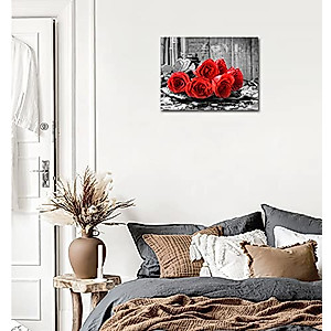 YMYXMC33 Red Rose Flower Picture Decor Wall Art Canvas Print Black and White Poster Country Love Decoration Bedroom Kitchen Bathroom12x15