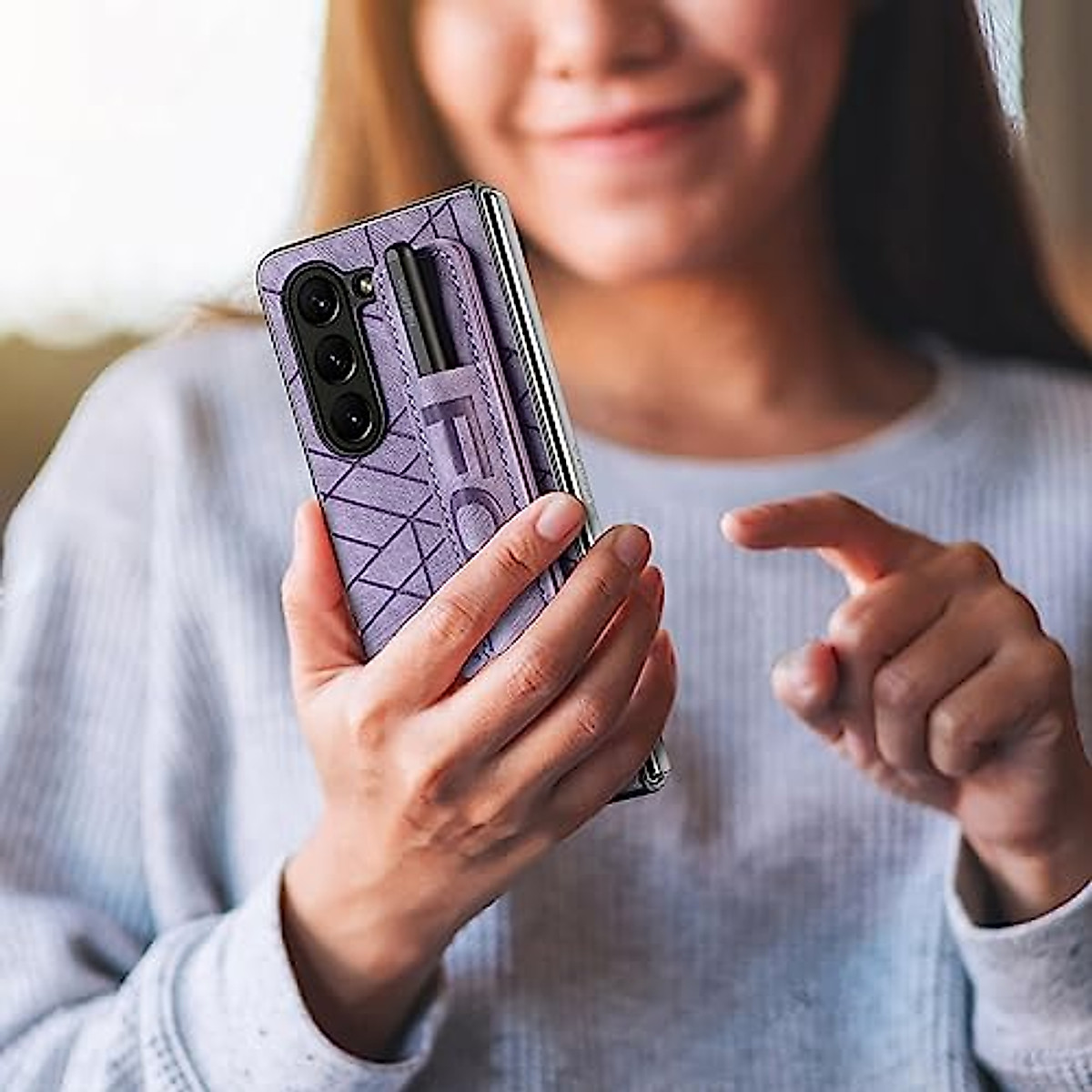 Bizzib for Samsung Galaxy Z Fold 5 Case, Leather TPU Slim Fit Shockproof Full Body Protective Cover with Flexible Grip Strap Compatible with Galaxy Z Fold 5-Purple