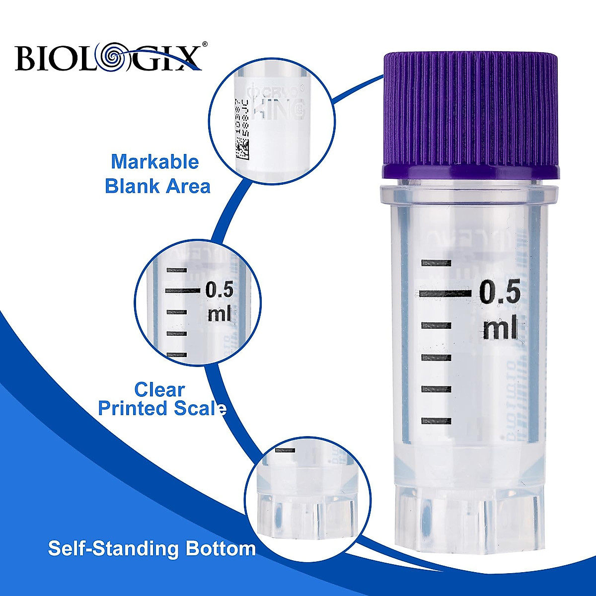 CryoKING 0.5ml Cyogenic Vials, Cryogenic Vials with External Thread Blue Caps, Sterile Vials with Self-Standing Bottom, No Bottom Code, with Side Barcode, Bag of 25
