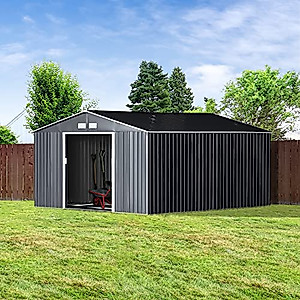 Outsunny 11.15'W x 12.5'D x 6.6'H Outdoor Backyard Garden Tool Shed with Double Sliding Doors, 4 Airy Vents, & Durable Steel, Dark Grey
