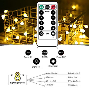 Liyade Globe String Lights, 33ft 100 LED Battery Operated String Lights with Remote and Timer Function, Indoor Outdoor Decorative Lights for Bedroom Christmas Decor Garden Party Wedding, Warm White
