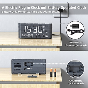 Digital Wooden Alarm Clock with Dual Alarm,Weekday/Weekend Mode,Adjustable Volume,Humidity & Temperature Detect,2-100% Dimmer,12/24H,Snooze,2 USB Chargers,Battery Backup, Loud Alarm Clock for Bedroom