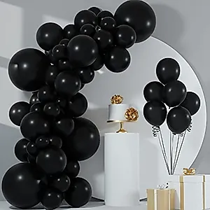 FEPITO Black Balloons Garland Kit 84 Pcs Matte Black Balloon Different Sizes Pack 18 12 10 5 Inch Black Party Balloons for Birthday Anniversary Bachelorette Graduation Black Party Decorations