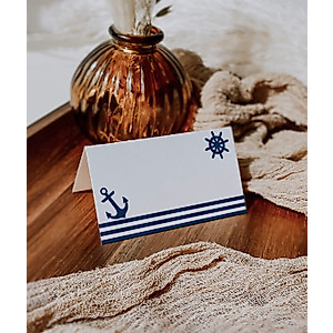 Nautical Place Cards - 25 Pack - Nautical Food Cards. Blue Anchor and Captain’s Wheel over Stripes Design, for Dinner Parties, Banquets, Cocktail Parties, Buffet. 2” x 3.5”. Scored for Folding.