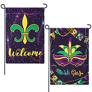Tatuo 2 Pieces Mardi Gras Garden House Flag Fleur De Lis Garden Flag Double Sided Mardi Gras Party Decoration Flag for Yard Lawn Decoration, 12 x 18 Inch