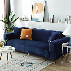 TOPCHANCES Thick Velvet Sofa Cover,Stretch Sofa Covers Slipcovers with Non Slip Elastic Straps Furniture Protector Cover, Couch Slipcover for Living Room Dogs Cat Pet (Navy Blue, 4 Seater)