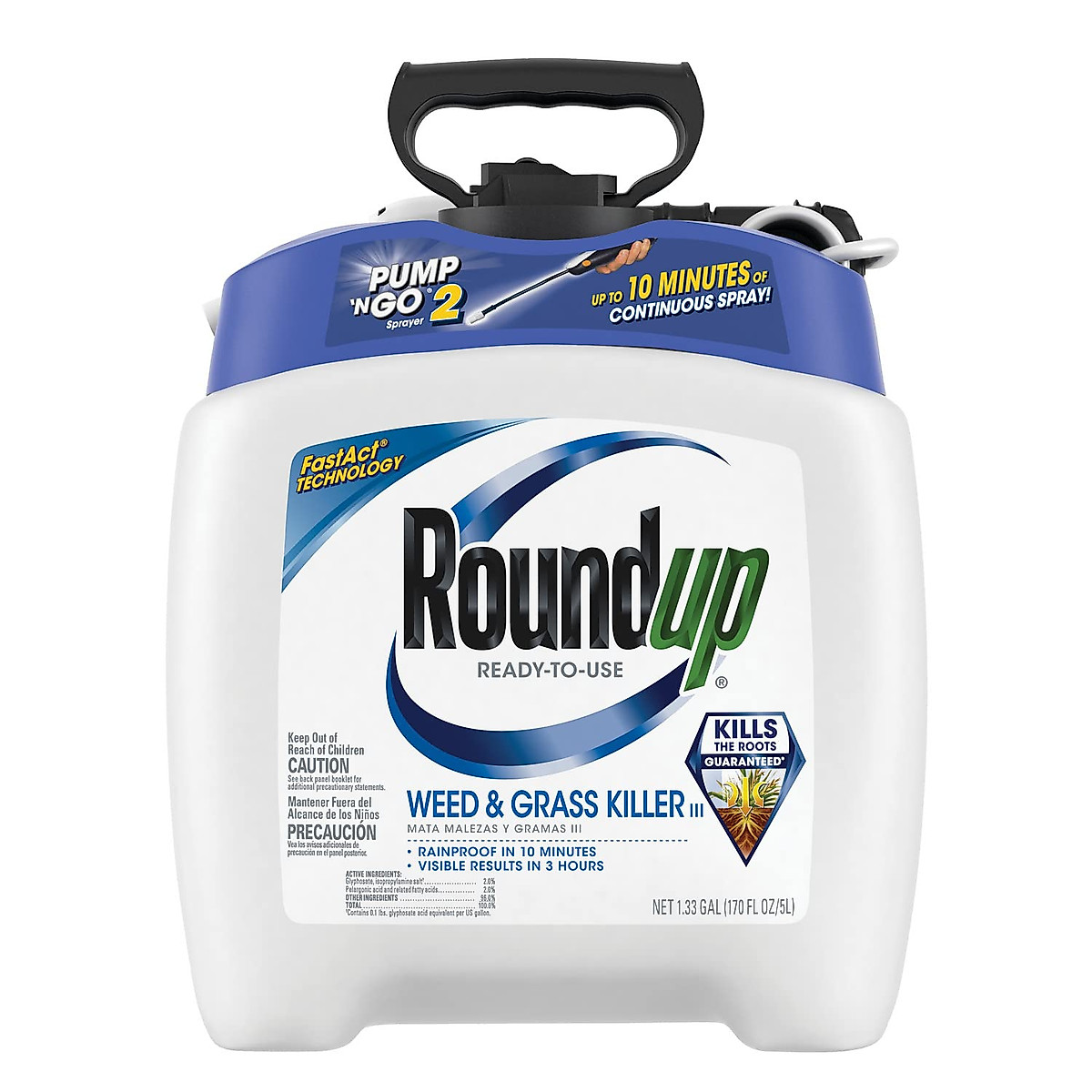 Roundup Ready-To-Use Weed & Grass Killer III -- with Pump 'N Go 2 Sprayer, Use in & Around Vegetable Gardens, Tree Rings, Flower Beds, Patios & More, Kills to the Root, 1.33 gal.