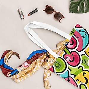 TifyDon Canvas Tote Bag，Berries Fruit Mix Pattern Reusable Large Shopping Shoulder Tote Bag For Women，Lovely Funny Pineapple Orange Watermelon Cherries Kiwi Black Happy Beach Tote Bags Bulk