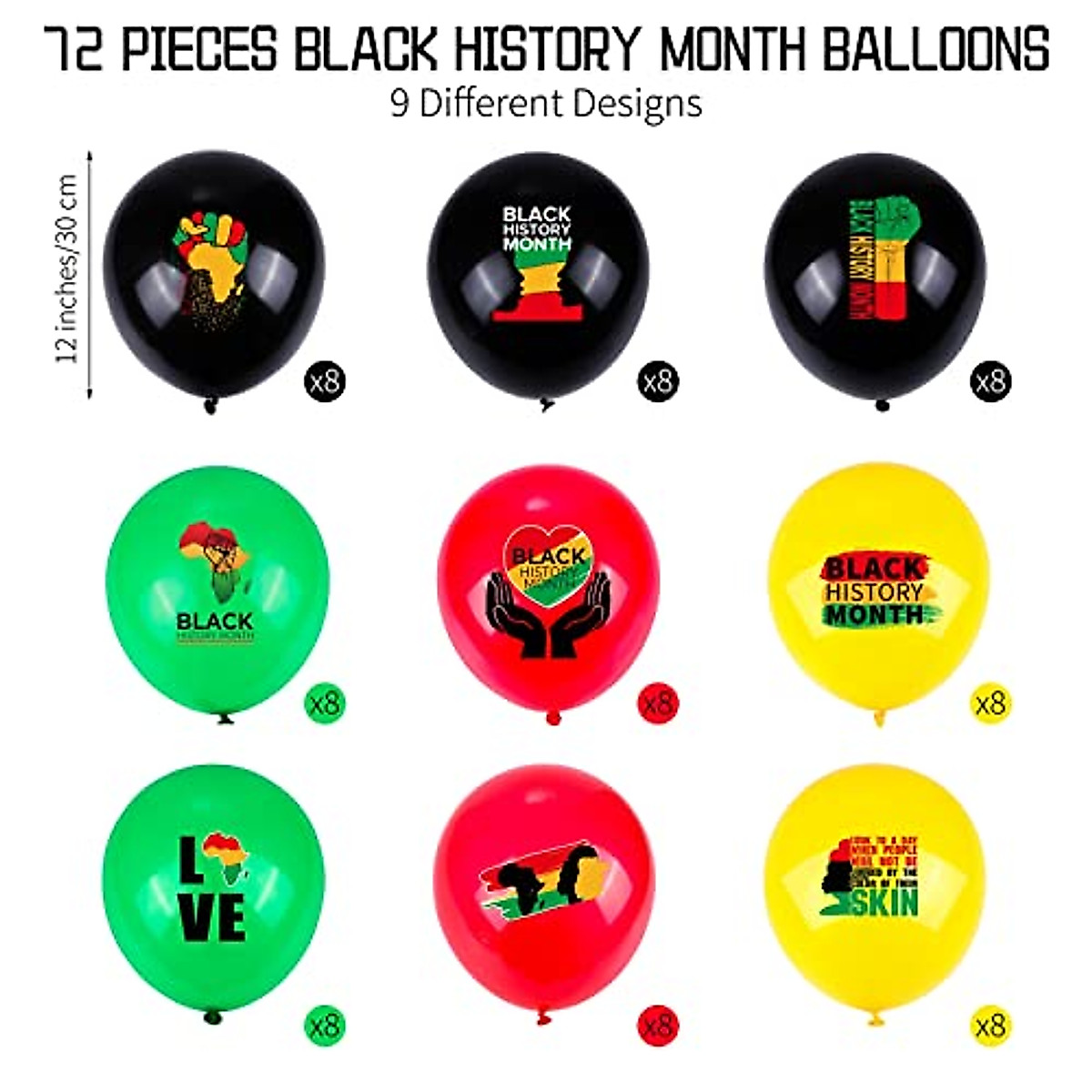durony 72 Pieces Black History Month Balloons 12 Inch African American Independence Day Balloons Black History Latex Balloons Juneteenth Balloons for Black History Month Party Supplies, 9 Designs