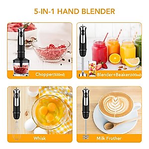 Adoolla 5-in-1 800 Watt Immersion Hand Blender Multi-Purpose, Stainless Steel 12 Speed and Turbo Mode Hand Mixer, 600ml Mixing Beaker, BPA-Free with Whisk, Milk Frother Attachments