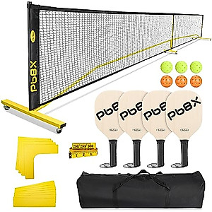 Deeliva Pickleball Set with Net Wheels for Driveway Portable Regulation Size Pickleball Net System with 4 Paddles, 6 Pickle Ball, Court Line Marker, Bag, Weather Resistant Metal Frame Outdoor Home