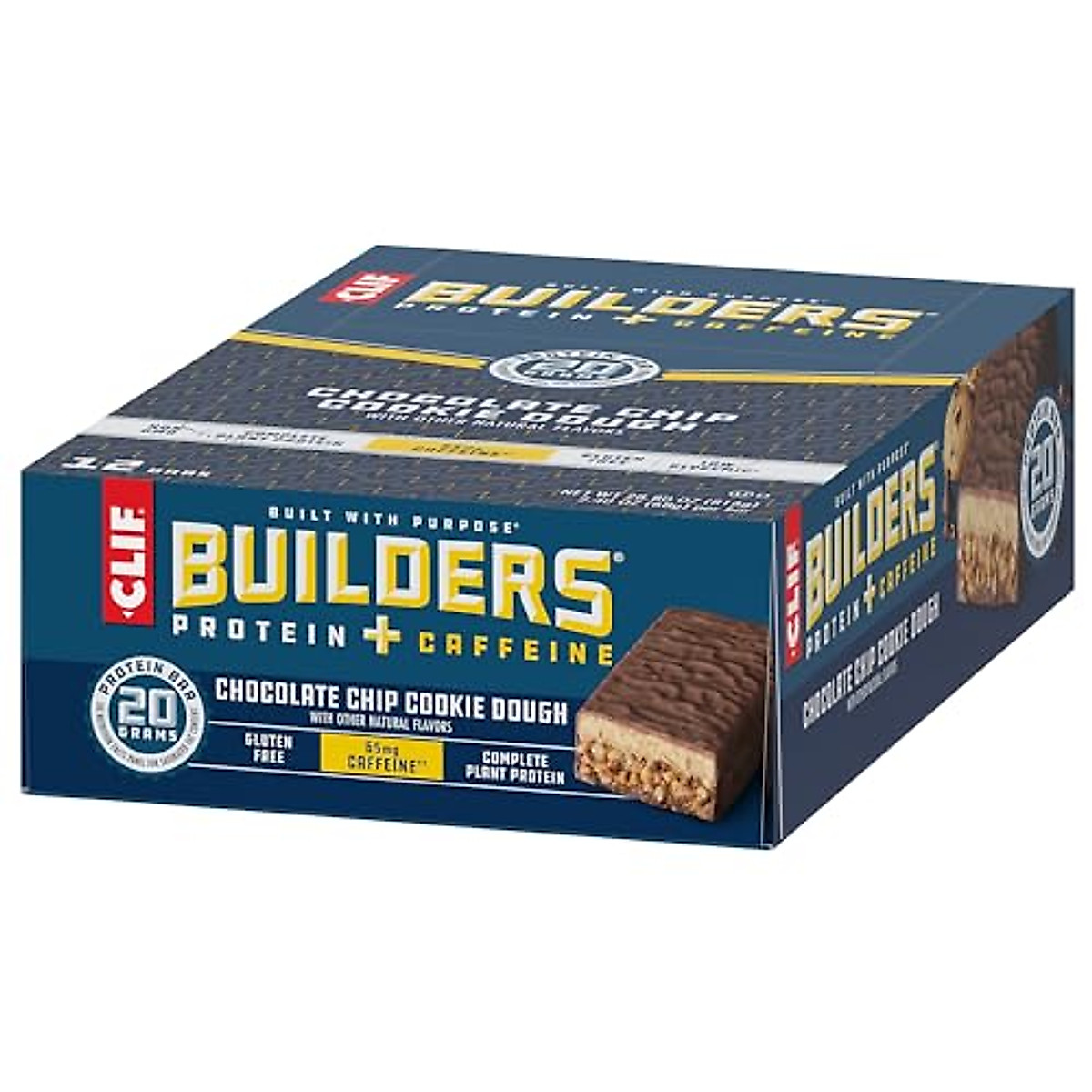CLIF Builders + Caffeine - Chocolate Chip Cookie Dough Flavor - Protein Bars - Gluten-Free - Non-GMO - Low Glycemic - 20g Protein - 2.4 oz. (12 Count)