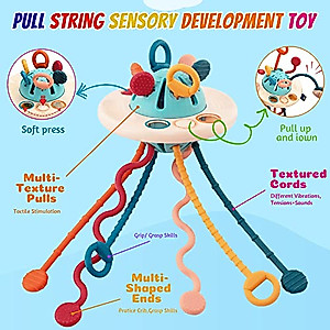 Baby Sensory Toys, Montessori Pull String Airplane Travel Toys for Toddlers 1-3, Montessori Toys for Babies 6-12 Months UFO Silicone Pull String Activity Toy Dawnier Pull Toy