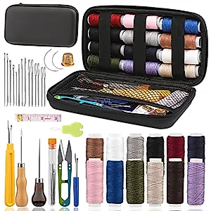 Upholstery Repair Sewing Kit, Heavy Duty Sewing Kit with Leather Sewing Needles, Curved Needles, Upholstery Thread, Sewing Awl, Seam Ripper, Leather Sewing Kit for Tent, Sofa, Canvas, Shoes, Carpet