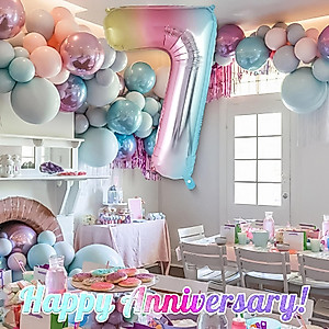 Rainbow Gradient Number 7 Balloon, 40 Inch Big Large Foil Number Balloons, Giant Mylar Number 7 Balloons for 7 Year Old Birthday Party Decorations Supplies Anniversary Celebration