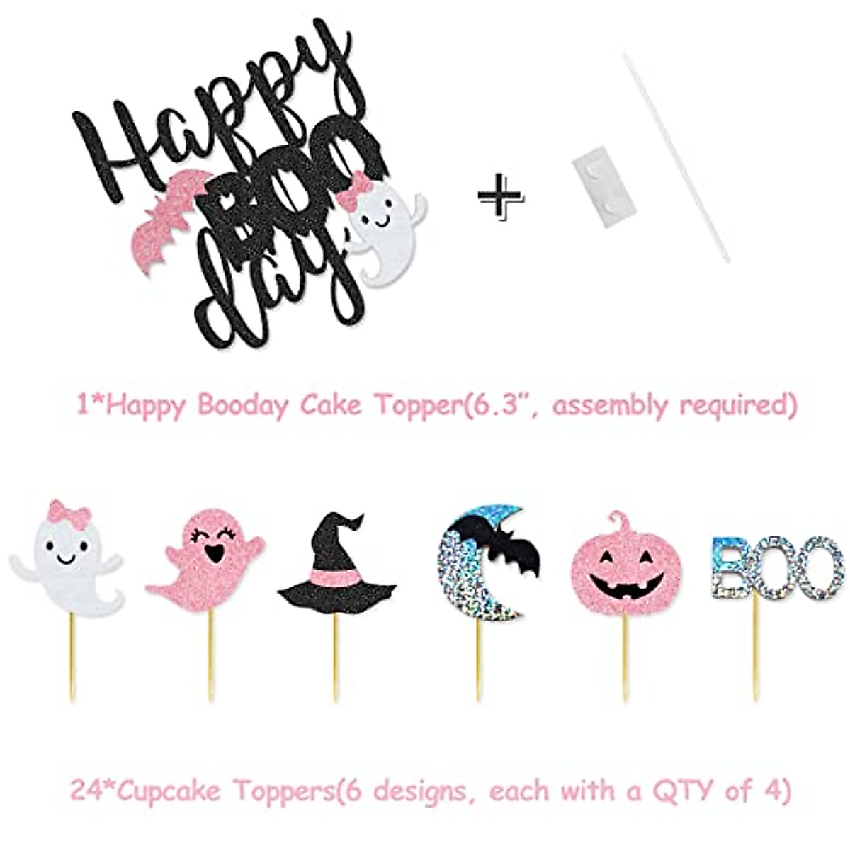 94 Packs Pink Black Halloween Birthday Party Kit Happy Boo Day Banner Cake Topper Halloween Ghost Cupcake Toppers Skeleton Bat Mylar Balloons for Pink and Black Halloween Birthday Party Decorations