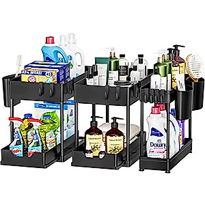 Wohingo 2-Tier Under Kitchen Sink Organizer, Sliding Under Bathroom Cabinet Storage Drawer Organizer with Hooks & Hanging Cup, Multi-Purpose Under Sink Shelf Organizer, 3 Pack