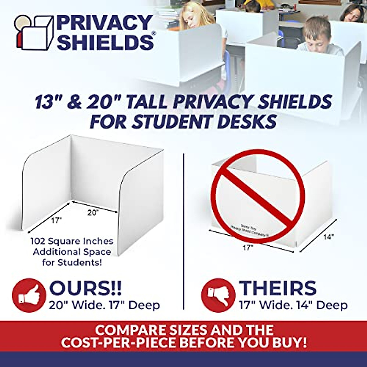 Window Shield - 30% More Student Workspace and 100% Thicker Than Most Brightly Colored "Pretty" Foreign-Made Privacy Shields (40-Pack) - Open Front Window - White - 13" (H) x 20" (W) x 17" (D)