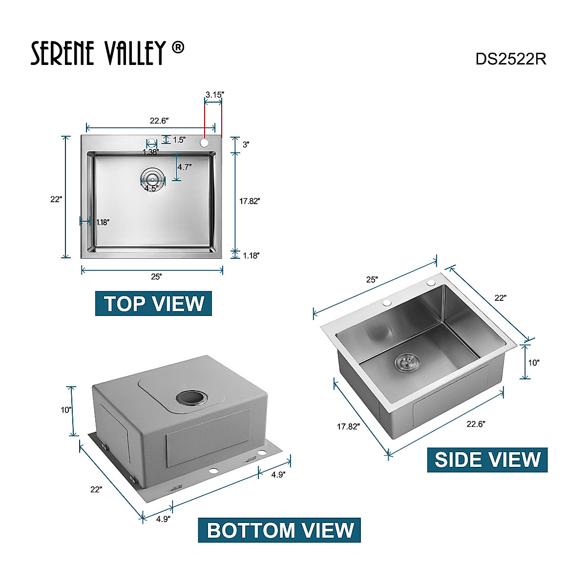 Serene Valley Stainless Steel Kitchen Sink,25-Inch Thick Deck Dual Mount, Single Bowl with Rear Drain, Heavy-Duty Grids DS2522R
