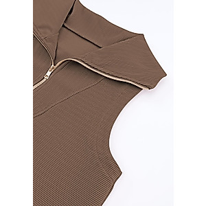 Viottiset Women's Ribbed Full Zip Lapel Collar Sleeveless Sweatshirt Sweater Vest Fall Casual Top Brown M