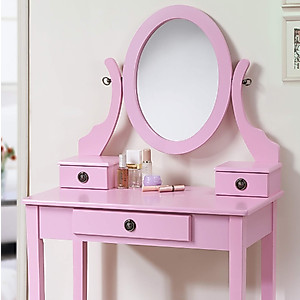 Roundhill Furniture Moniys Moniya Pink Wood Makeup Vanity Table and Stool Set