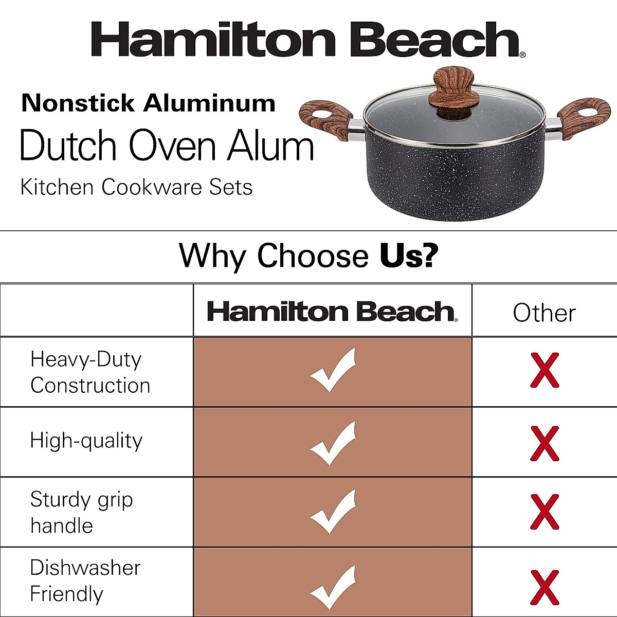 Hamilton Beach 3 Quart Nonstick Marble Coating Even Heating Round Dutch Oven Pot with Glass Lid and Wooden Like Soft Touch Handle, Dutch Oven Pot, Braising, Roasting