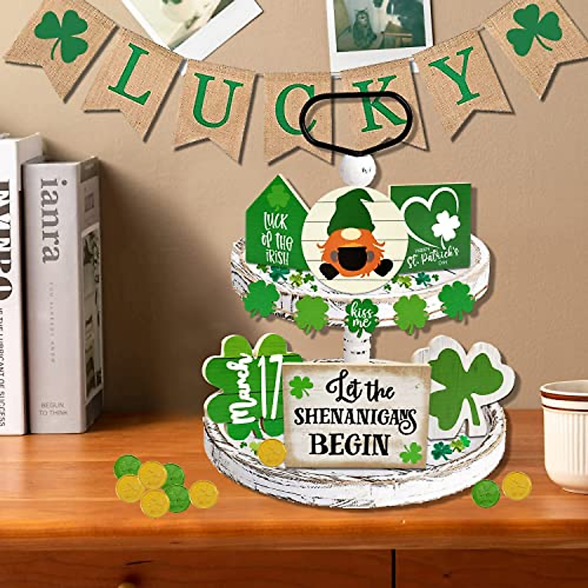 11 Pieces St. Patrick's Day Tiered Tray Decor Shamrock Wooden Signs St. Patrick's Day Freestanding Table Decorations for St. Patrick's Day Table Home Kitchen Bar Decoration Party Decorations