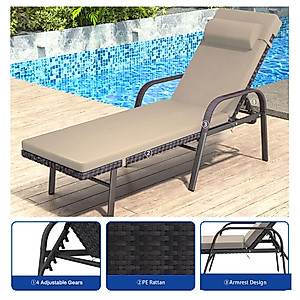 Trumbeak Patio Chaise Lounge Set 3 Pieces Pool Lounge Chairs,Cushioned Outdoor Folding Lounge Chair w/Arm and Rattan Adjustable Backrest for Poolside Porch,Folding Table Included,Sand