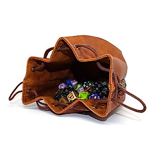 Brown Leather Lite Large Dice Bag with Wolf Design - Brown Faux Leather Exterior with Lined Interior - Stands Up on its Own and Holds 400 16mm Polyhedral Dice
