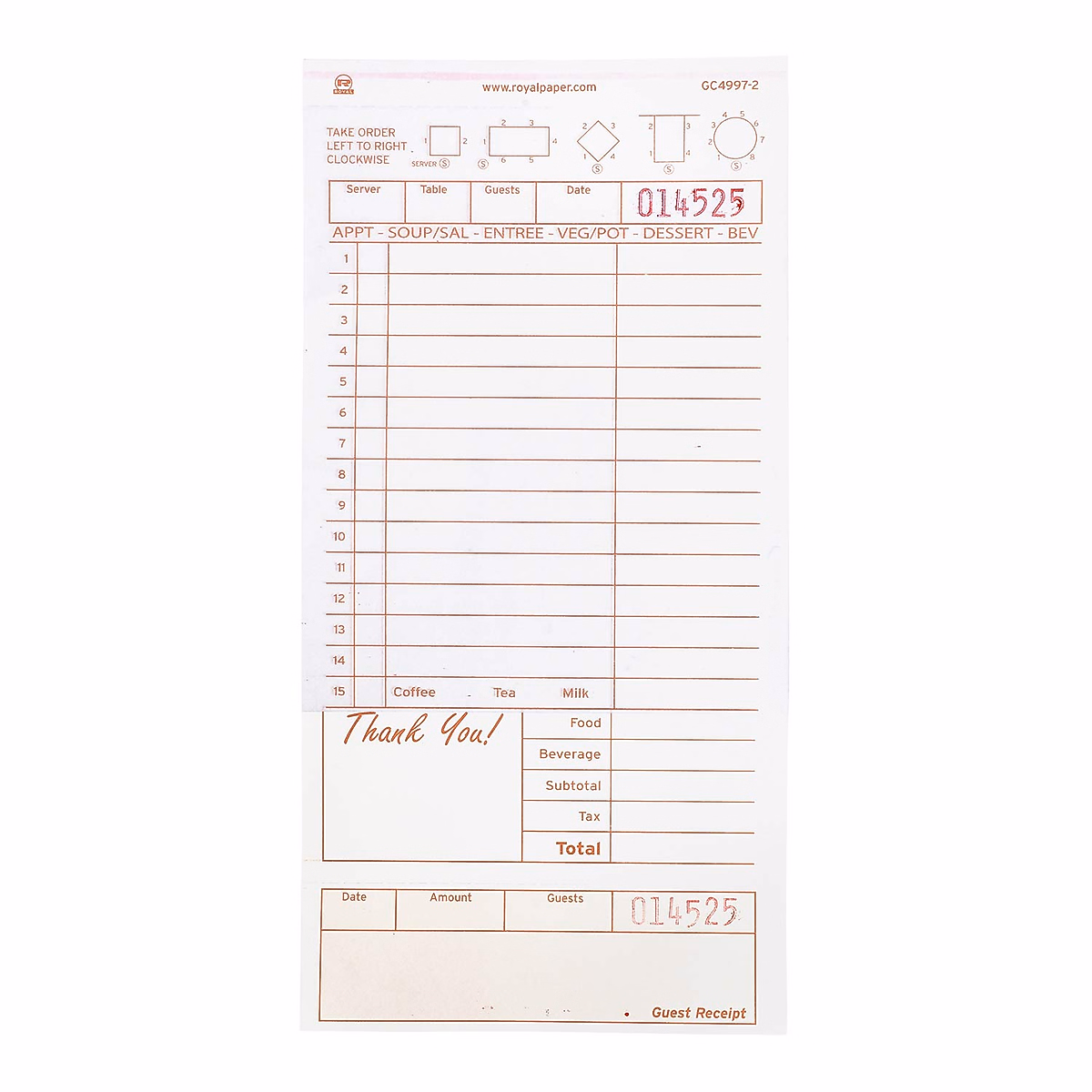 AmerCare Royal Tan Guest Check Paper Receipt Book, Carbonless Order Book with 15 Lines, 2 Part Loose, Pack of 250 Server Notepad Books
