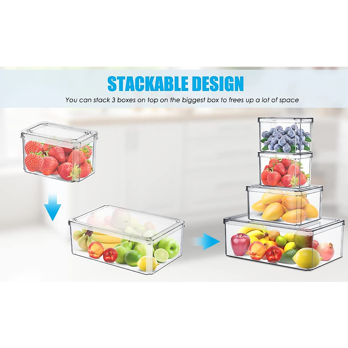 Set of 4 Fridge Food Storage Bins, Stackable Clear Kitchen Fruit Storage Containers, Freezer Organizer Fresh Keeper Box with Lid for Kitchen Countertops, Refrigerator, Pantry and Cabinets