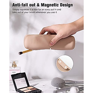FERYES Large Travel Makeup Brush Holder, Magnetic Anti-fall Out Silicon Portable Cosmetic Face Brushes Holder, Soft and Sleek Makeup Tools Organizer for Travel- (8.27 * 2.36 * 1.57)