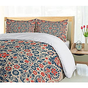 Ambesonne Paisley Duvet Cover Set, Floral Ornate Pattern Cultural Folk Persian Middle Eastern, Decorative 3 Piece Bedding Set with 2 Pillow Shams, Queen Size, Night Blue Orange Tan