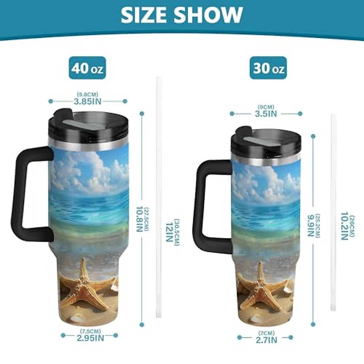 FRCSDIY Beach Shells Insulated Tumbler with Handle and Straw Lid,40oz Leakproof Stainless Steel Cup BPA-Free Water Bottle