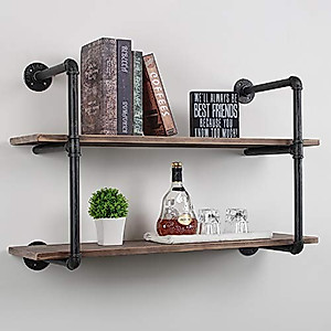 Womio Industrial Pipe Shelving Wall Mounted,Rustic Metal Floating Shelves,Steampunk Real Wood Book Shelves,Wall Shelf Unit Bookshelf Hanging Wall Shelves,Farmhouse Kitchen Bar Shelving(2 Tier,36in)