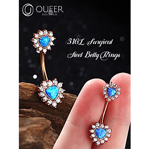 OUFER 14G Belly Button Rings, 316L Surgical Steel Belly Rings, Double Heart Cubic Zircon Filigree Opal Navel Rings Belly Piercing Jewelry For Women And Men-Blue